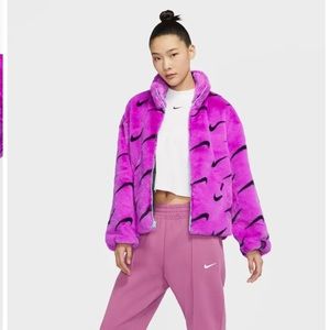 Nike | Jackets & Coats | Nike Swoosh Logo Faux Fur Jacket In Maroon And ...